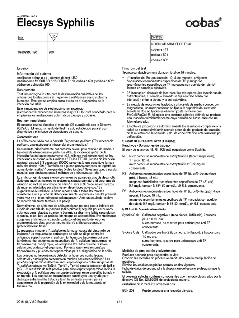 Ficha Tecnica Elecsys Syphilis e 200 | PDF | Especialidades Medicas ...