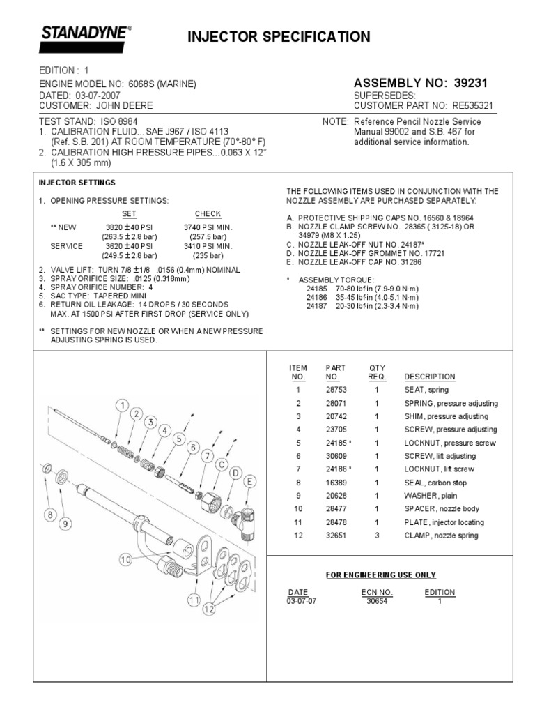 Injector Specification: Assembly No: 39231 | PDF | Screw | Nozzle
