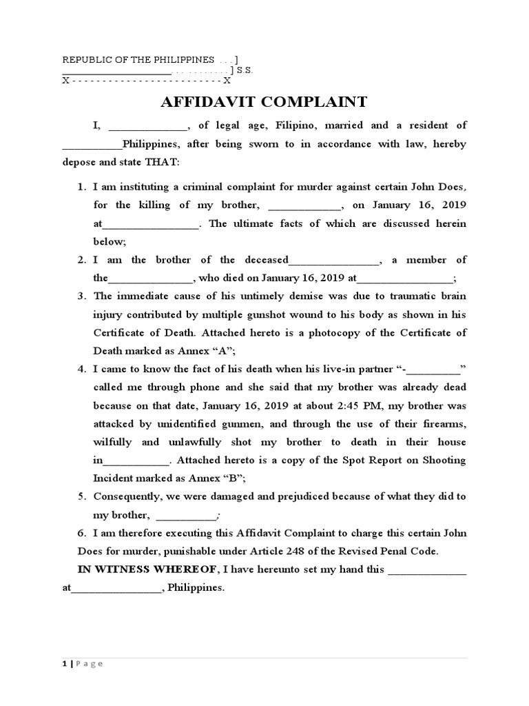 Affidavit-Complaint-Murder Sample | PDF