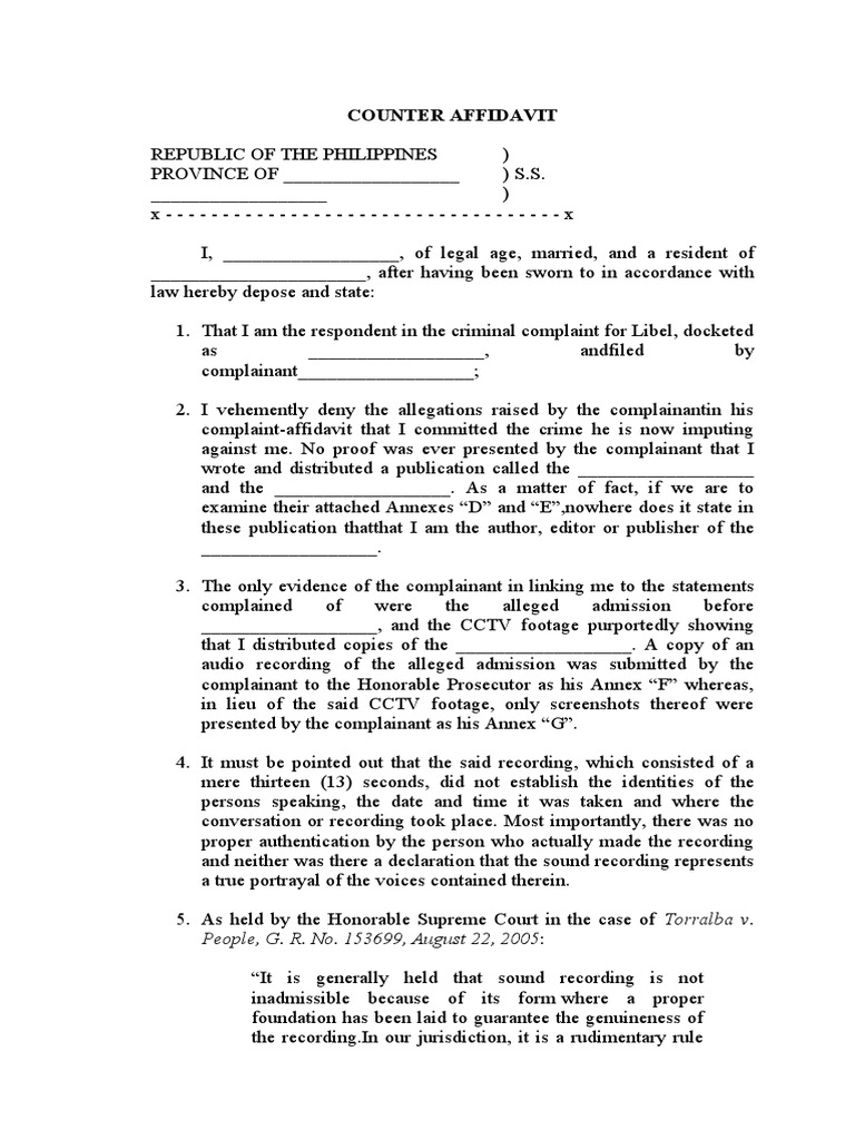 Sample Counter Affidavit-Libel | PDF | Defamation | Telephone Tapping