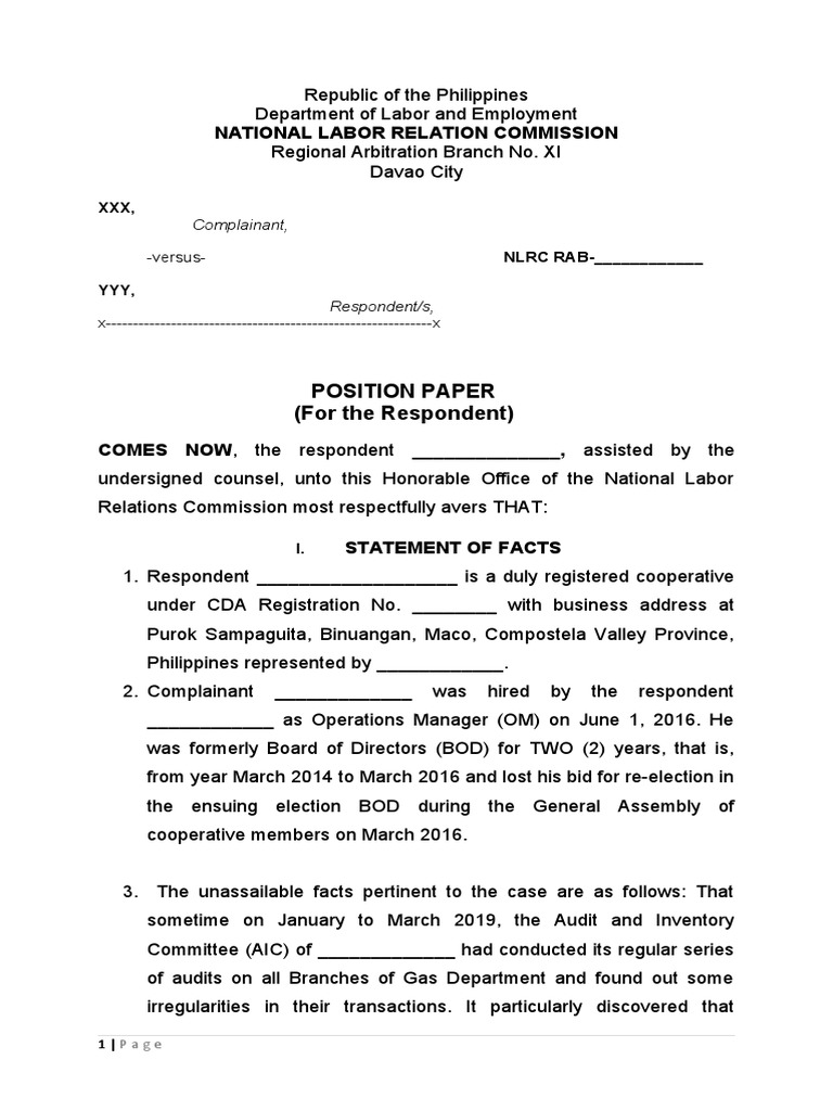 Sample Position Paper in Illegal Dismissal Case | PDF | Employment ...