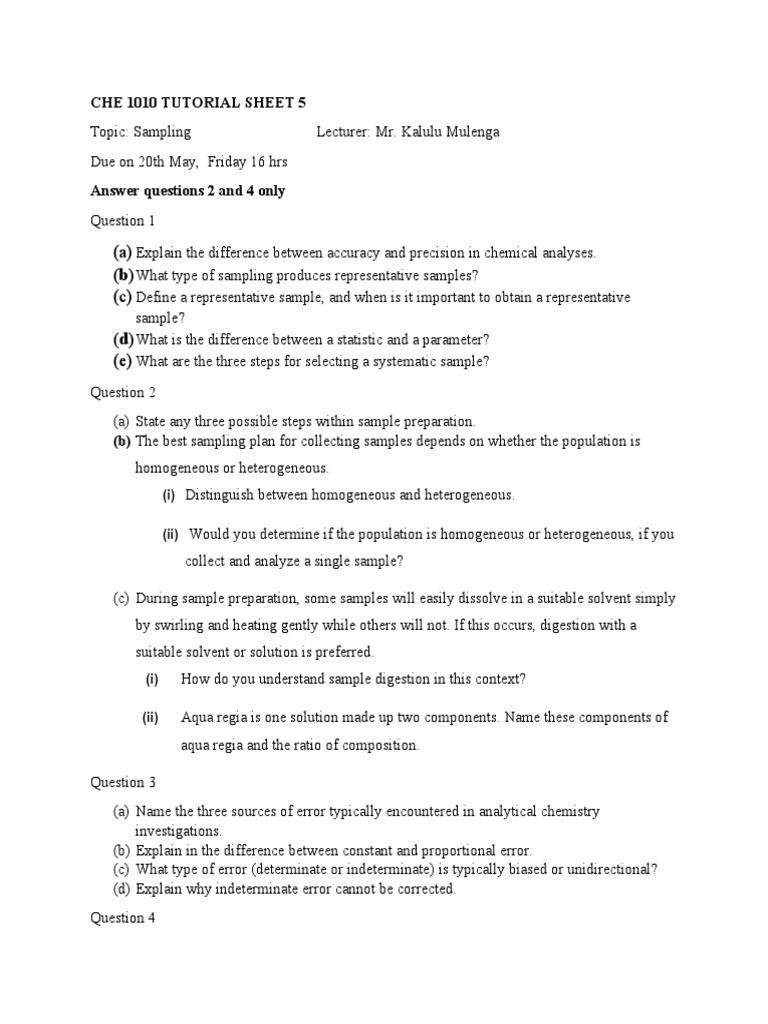 Tutorial Sheet 5 Sampling | PDF | Sampling (Statistics) | Analytical Chemistry