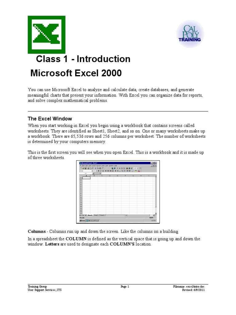 Class 1 - Introduction Microsoft Excel 2000 | PDF | Microsoft Excel ...