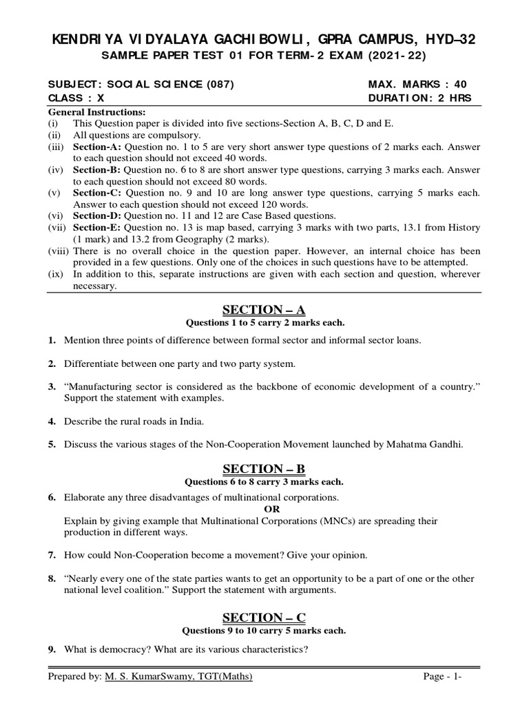 Kendriya Vidyalaya Gachibowli, Gpra Campus, Hyd-32: Sample Paper Test ...