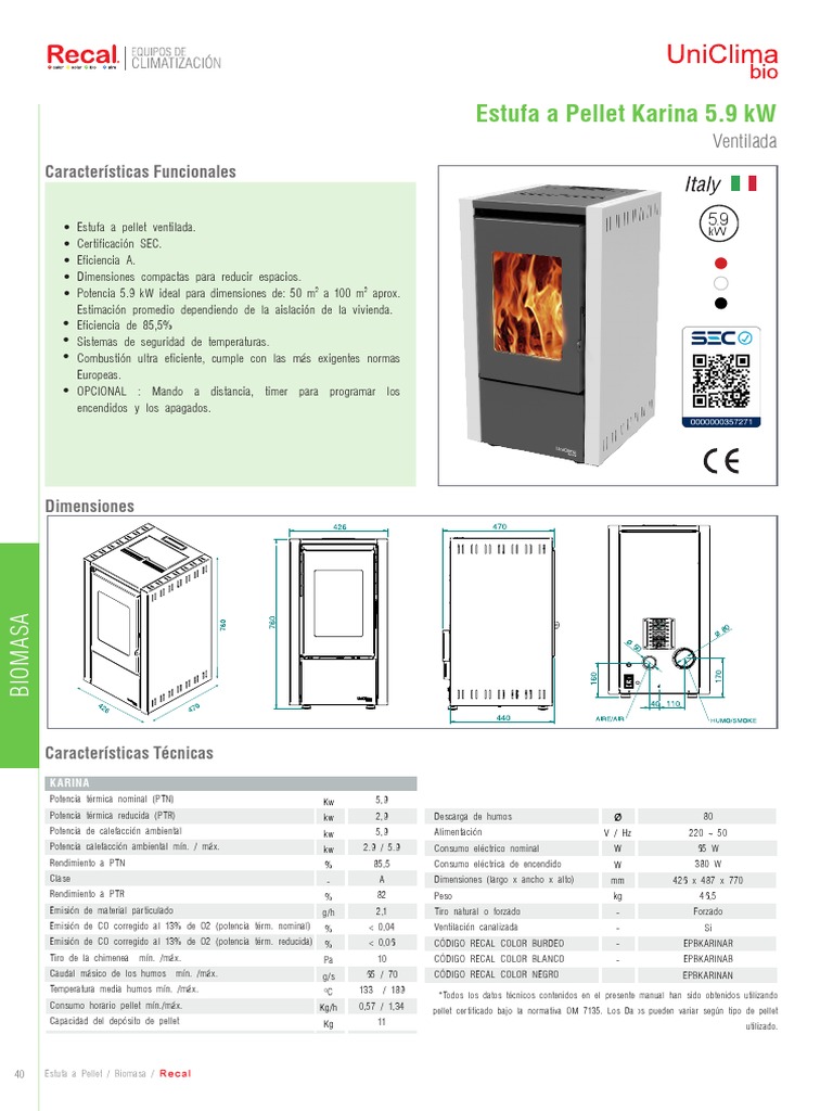 Ficha Estufa Pellet Uniclima Karina | PDF | Horno | Tecnología energética