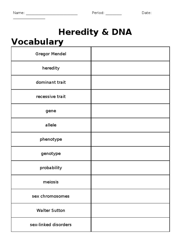 Heredity and DNA Vocabulary Guide | PDF | Science & Mathematics