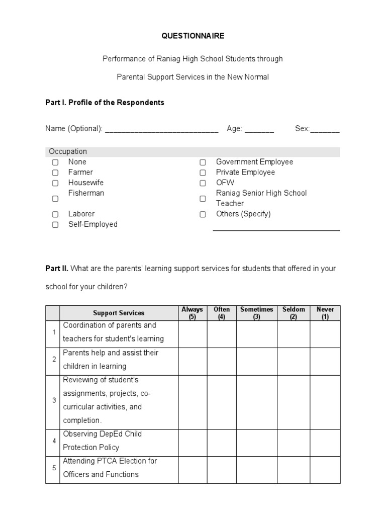 Parental Support Questionnaire | PDF | Teachers
