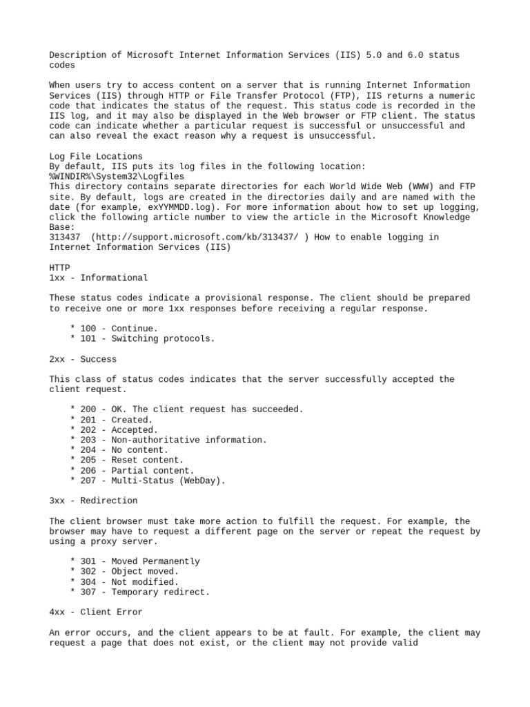 IIS 5.0 & 6.0 Status Codes Guide | PDF | Internet Information Services ...