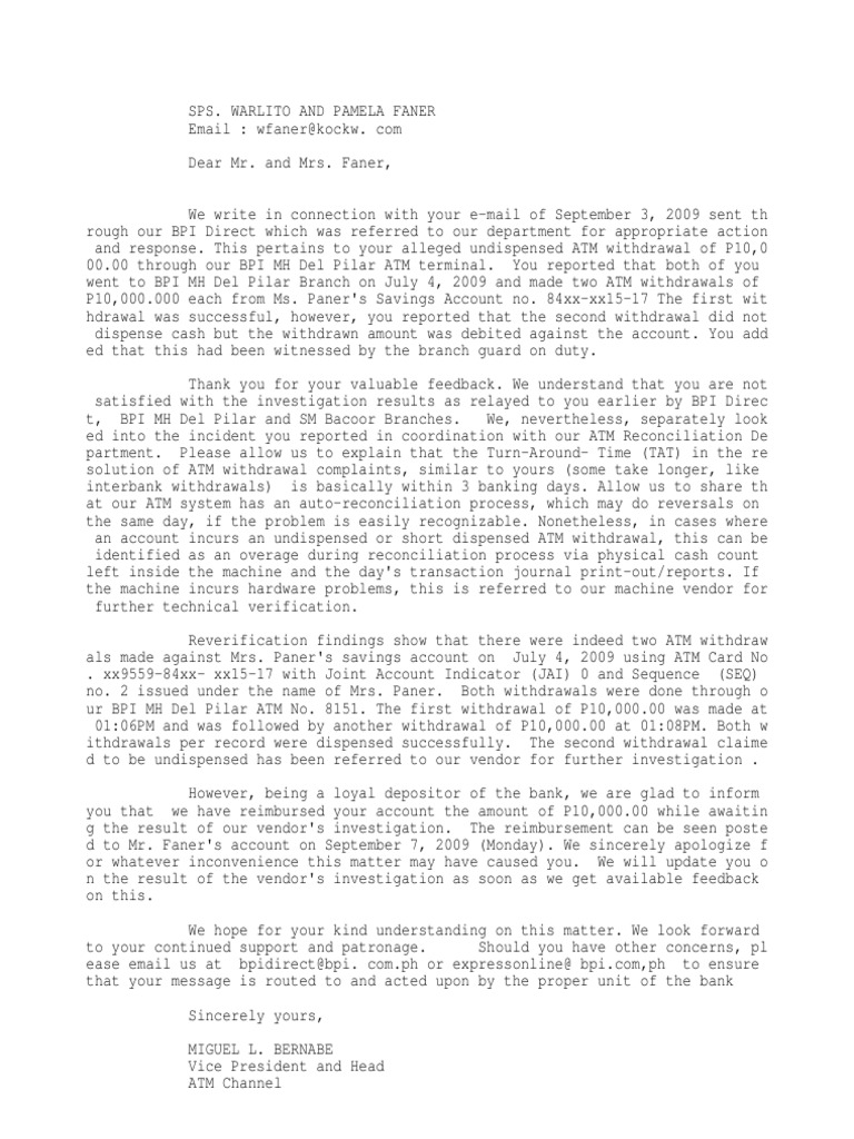 BPI Letter | Automated Teller Machine | Debit Card