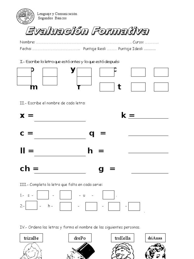 Evaluacion Formativa Lenguaje El Abecedario