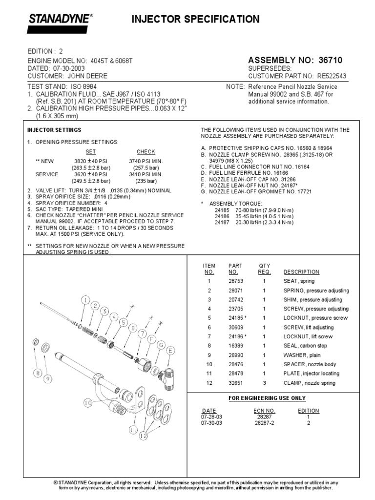 Injector Specification: Assembly No: 36710 | PDF | Nozzle | Equipment
