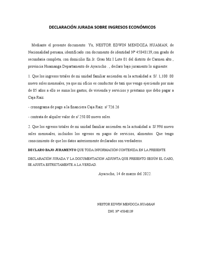 Declaración Jurada Sobre Ingresos Económicos | PDF