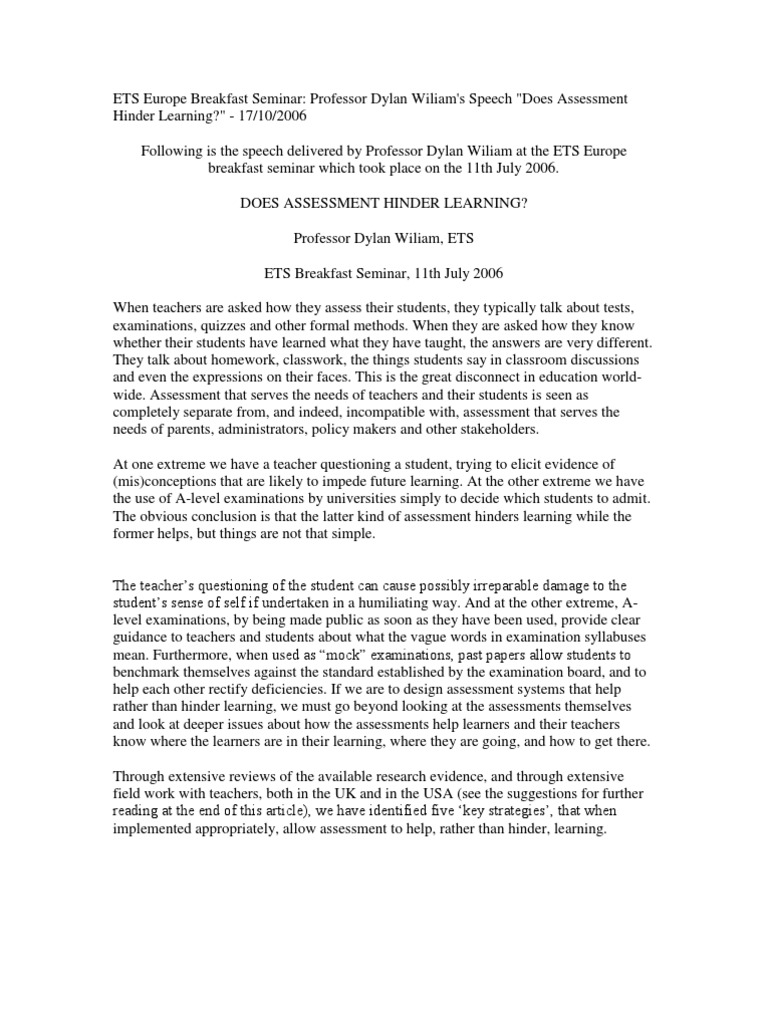 Does Assessment Hinder Learning | PDF | Educational Assessment | Teachers