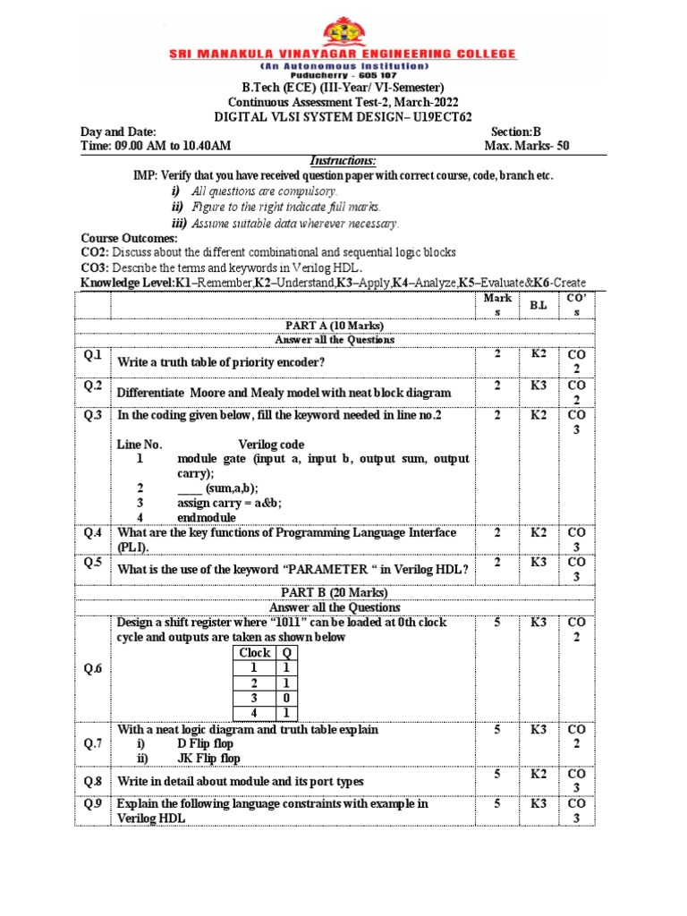 Vlsi Cat 2 | PDF | Electrical Engineering | Computer Engineering