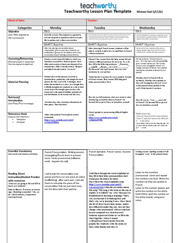 Teachworthy Lesson Plan Template: Categories Monday Tuesday Wednesday ...