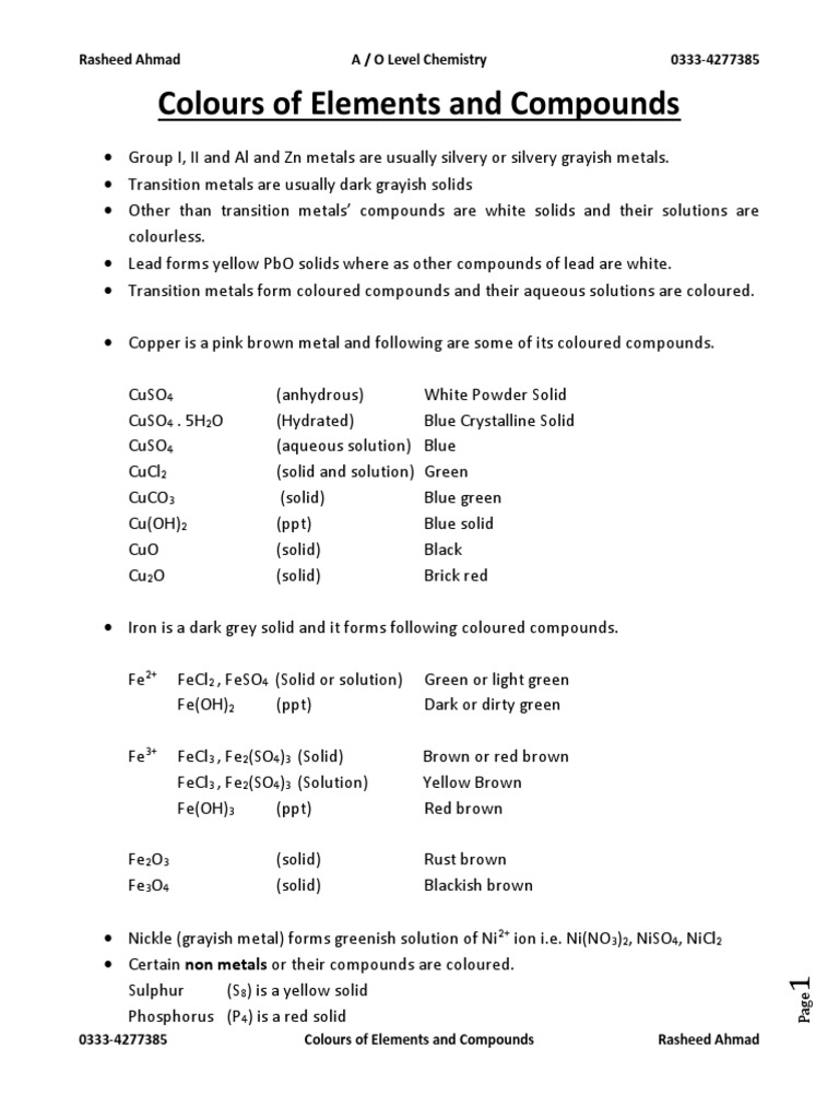 Colours of Elements and Compounds | PDF | Chlorine | Chemical Substances