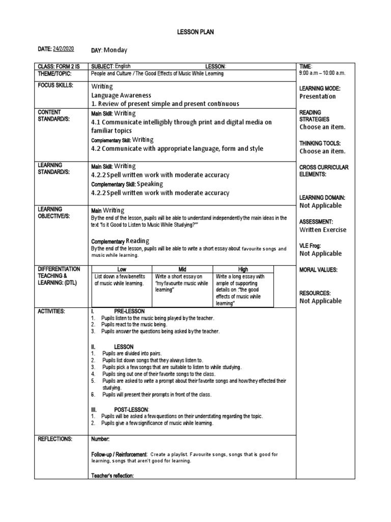 Lesson Plan: Complementary Skill | PDF | Lesson Plan | Learning