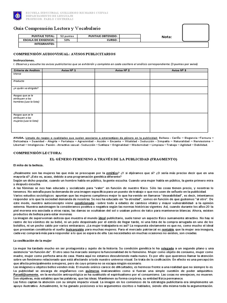 Guía Comprensión Lectora y Vocabulario 3 | PDF | Mujer | Masculinidad