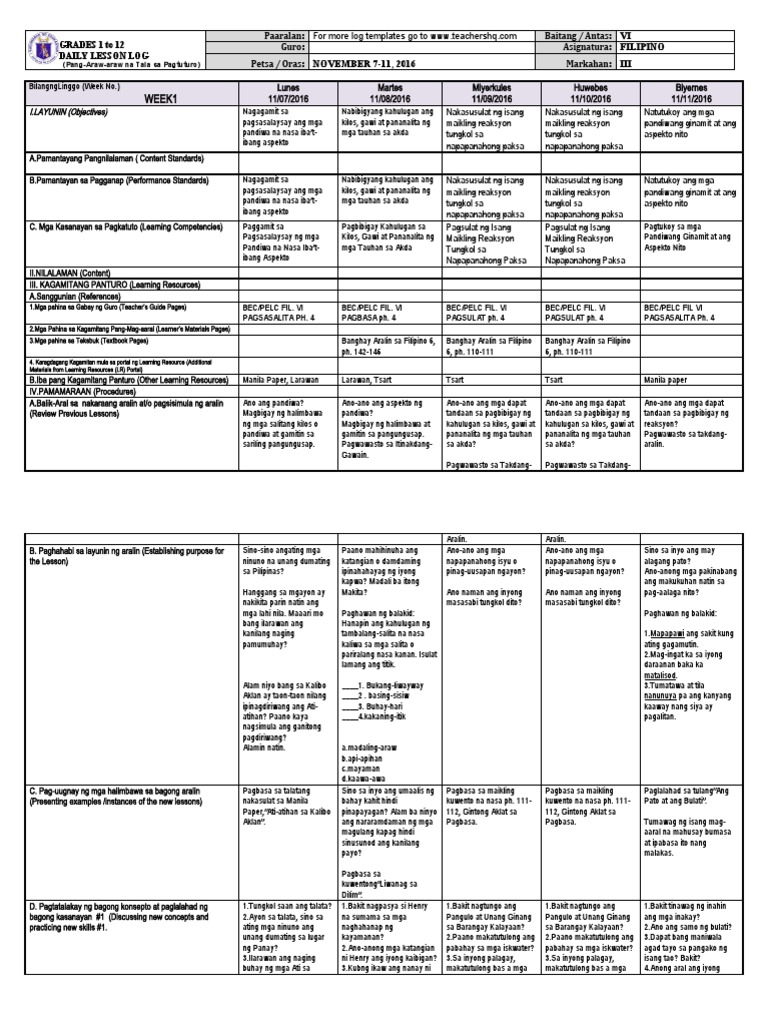 Grade 6 DLL Filipino 6 q3 Week 1 | PDF
