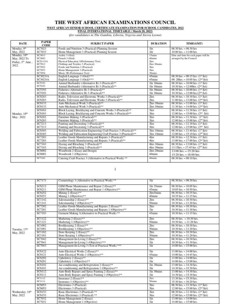 Wassce SC 2022 Final International Timetable 1 | PDF | Pipe (Fluid ...