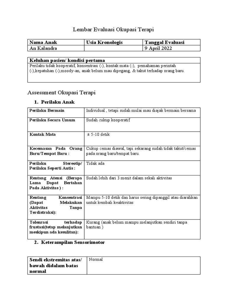 Lembar Evaluasi Okupasi Terapi Kalandra 9 April 2022 | PDF