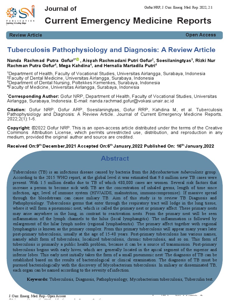 Tuberculosis Pathophysiology and Diagnosis A Review Article | PDF ...