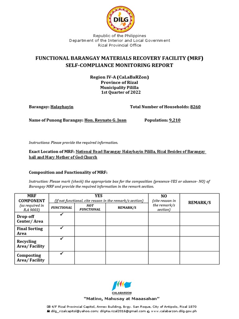 Brgy MRF Self Monitoring Form 1 | PDF | Recycling | Human Impact On The ...