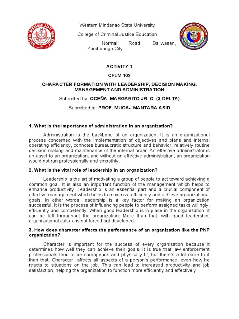Oceña, Margarito - Activity 1 - CFLM 102 - Character Formation With Leadership, Decision Making ...