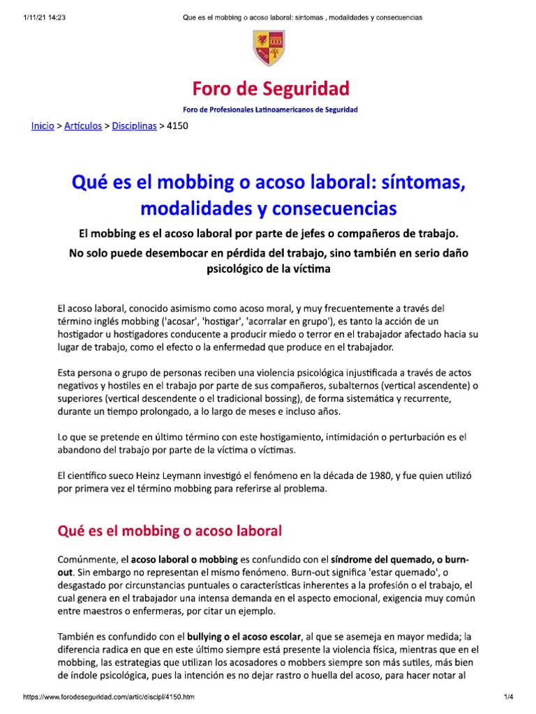 Que Es El Mobbing o Acoso Laboral - Sintomas, Modalidades y Consecuencias | PDF