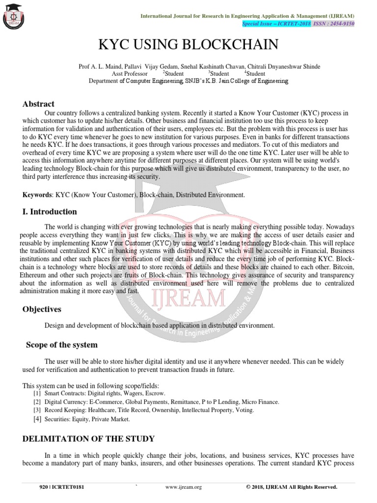 Kyc Using Blockchain: Keywords: KYC (Know Your Customer), Block-Chain ...