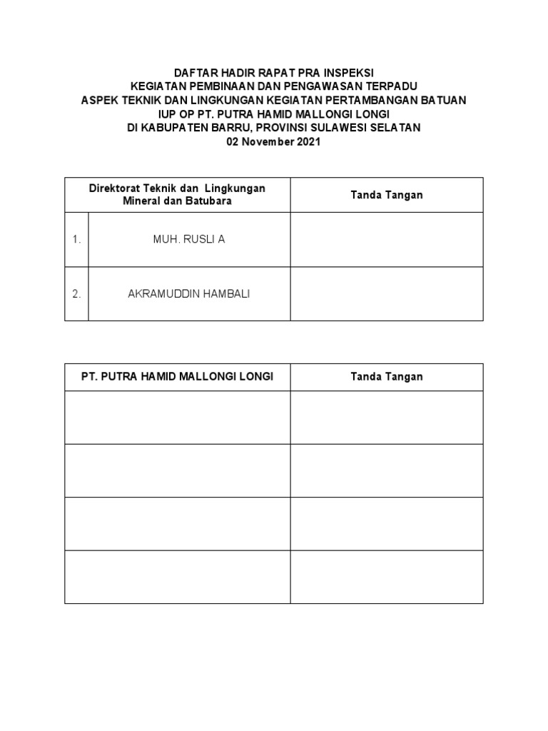 Daftar Hadir Meeting PUHAM - Nov 2021 | PDF