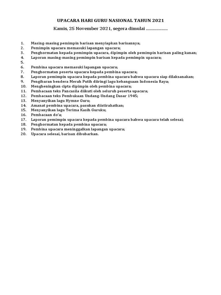 Susunan Acara Upacara Hari Guru Nasional Tahun 2021 | PDF