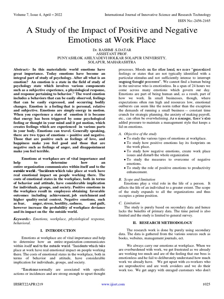 A Study of The Impact of Positive and Negative Emotions at Work Place ...