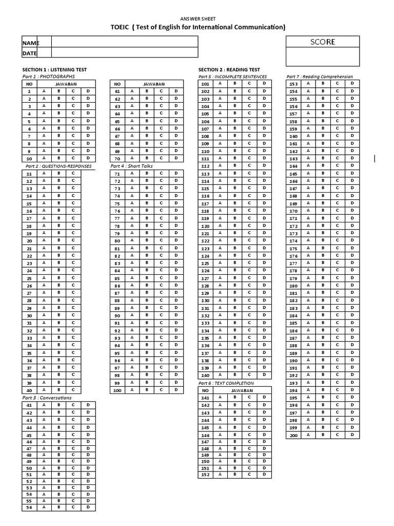 Comprehensive TOEIC Answer Sheet and Score Report | PDF | Human ...