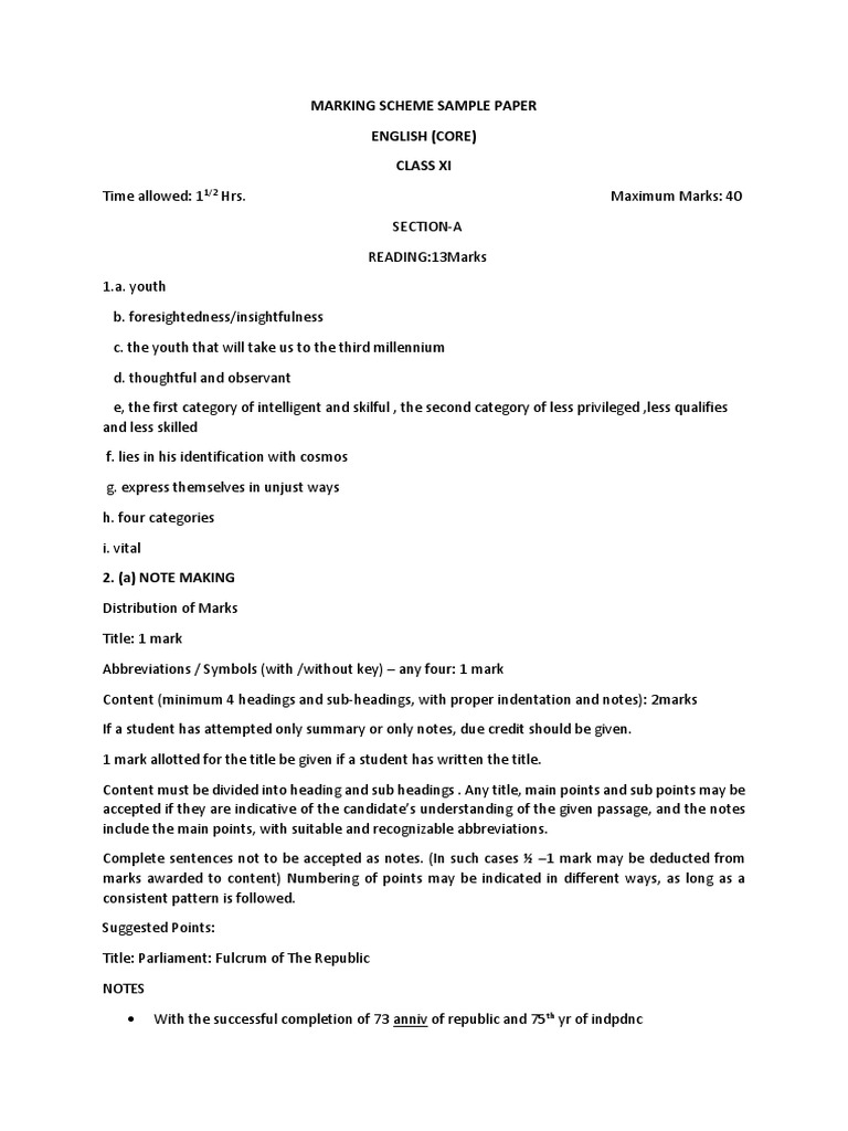 MARKING SCHEME SAMPLE PAPER Class XI | PDF | Cognitive Science | Cognition