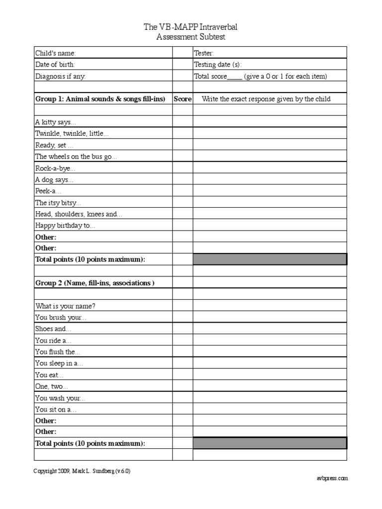 E Intraverbal Subtest v.6.0 | PDF | Language Arts & Discipline
