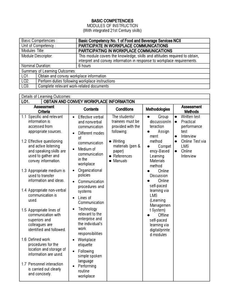 Modules of Instruction NCII BASIC Competencies #1 - With 21st Century Skills-FBS | PDF ...