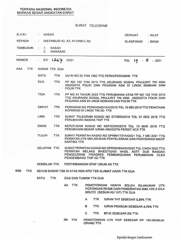 ST Kasad TTG Ketentuan Pemotongan Gaji Dan Tunkin Personel TNI AD | PDF