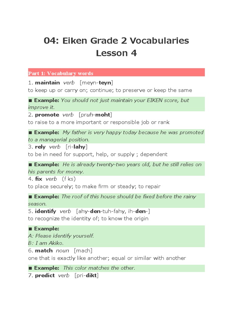 Eiken Grade 2 Vocabulariy Lesson 4 | PDF | Vocabulary | Linguistics