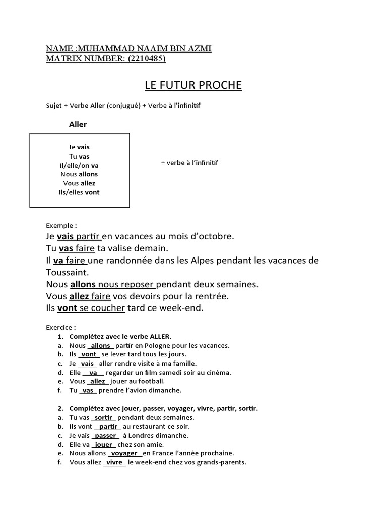 Exercices sur le Futur Proche CM2 | PDF | Verbe