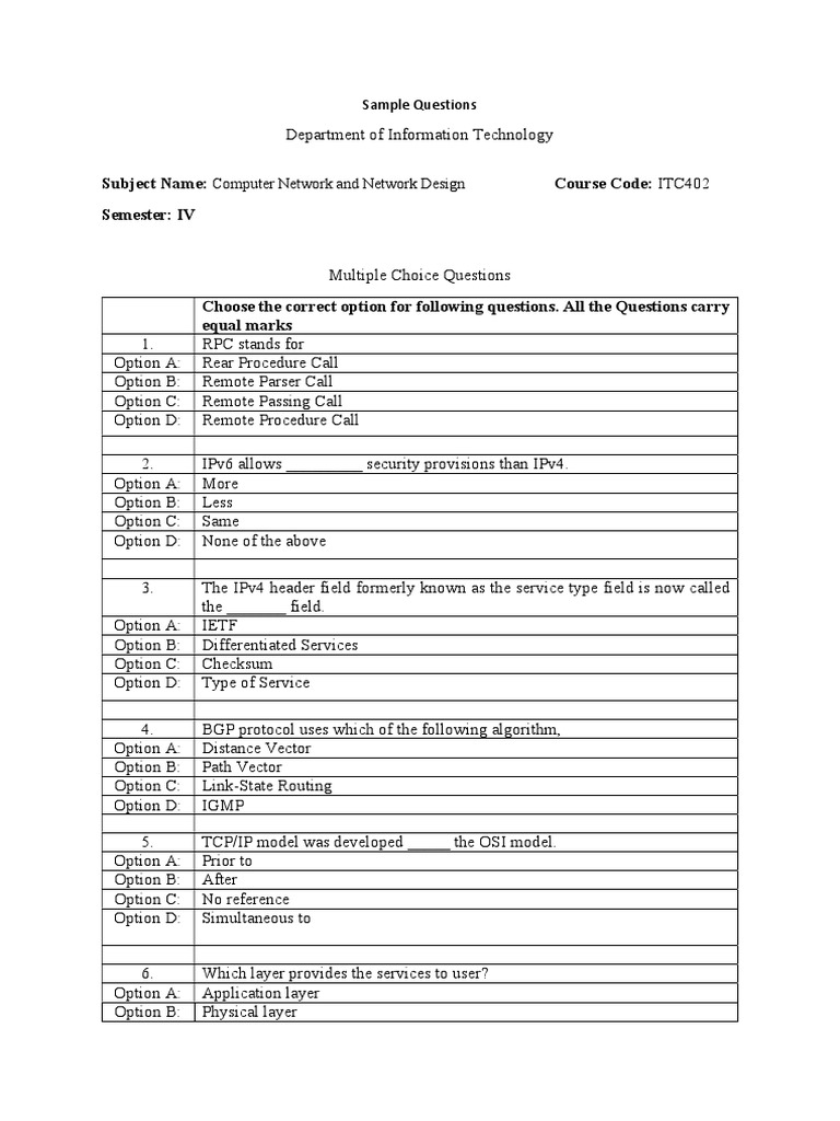 Computer Network MCQs for ITC402 | PDF | Transmission Control Protocol | Internet Protocols