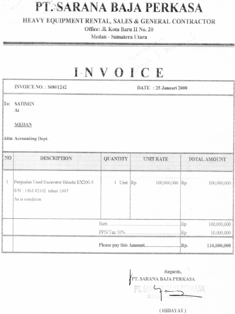 Invoice Excavator Hitachi Ex200-5 | PDF