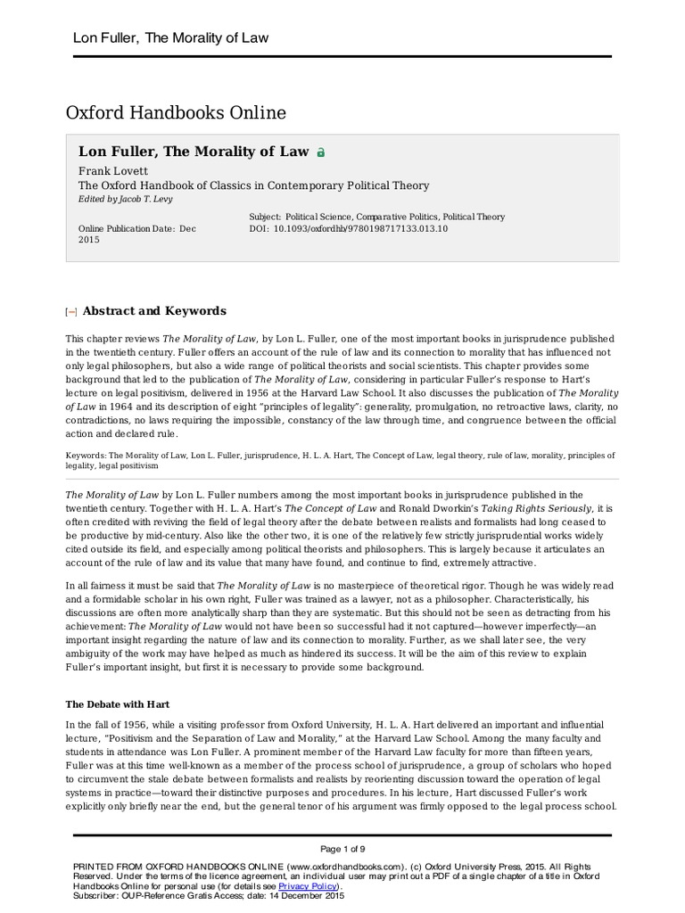 Oxford Handbooks Online: Lon Fuller, The Morality of Law | PDF ...