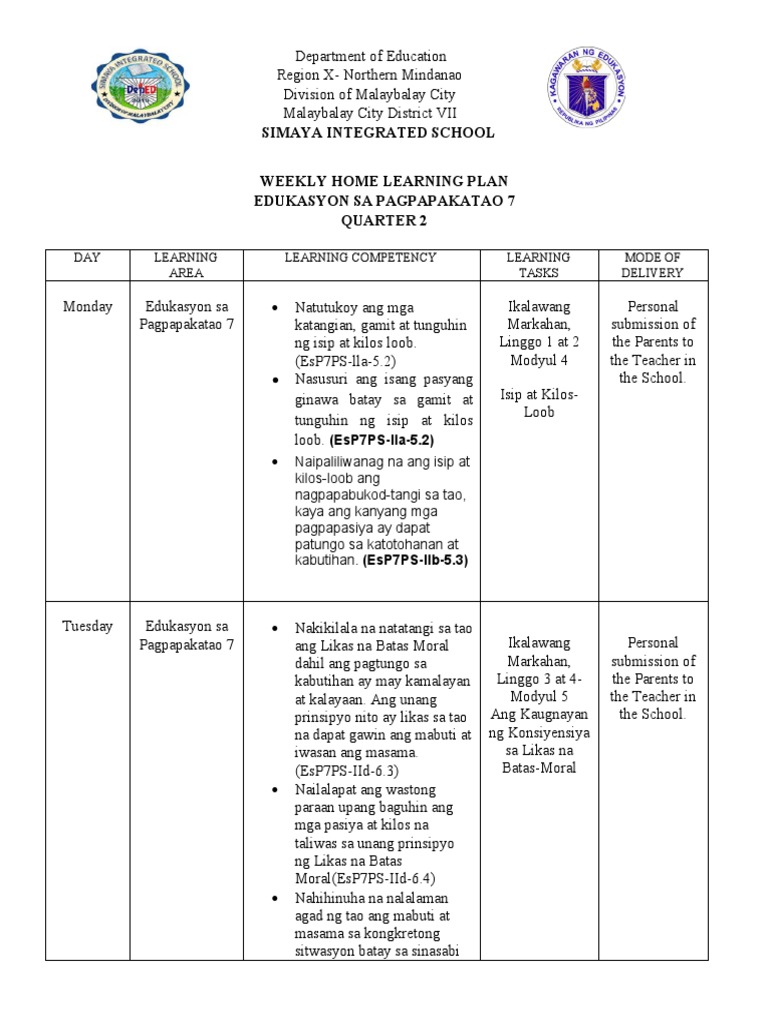 Learning Plan Esp 7 | PDF