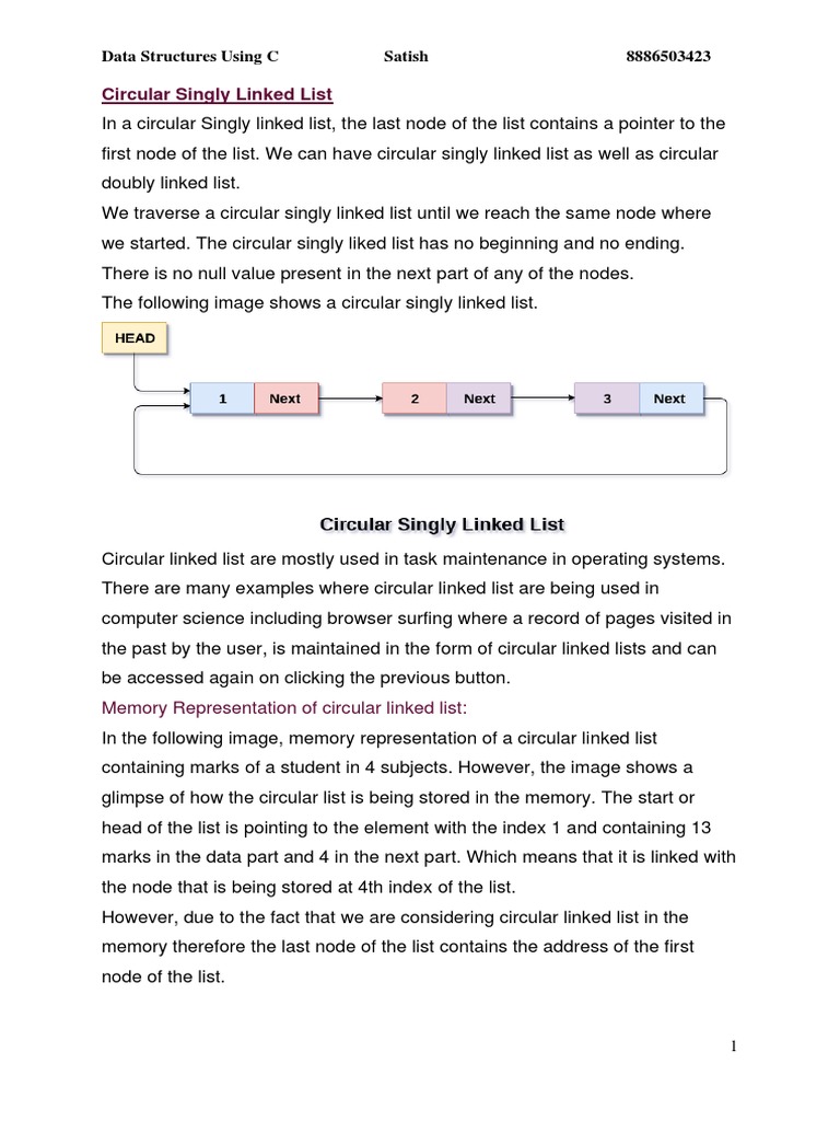 Circular Singly Linked List Data Structures Using C Satish 8886503423 Pdf Pointer Computer