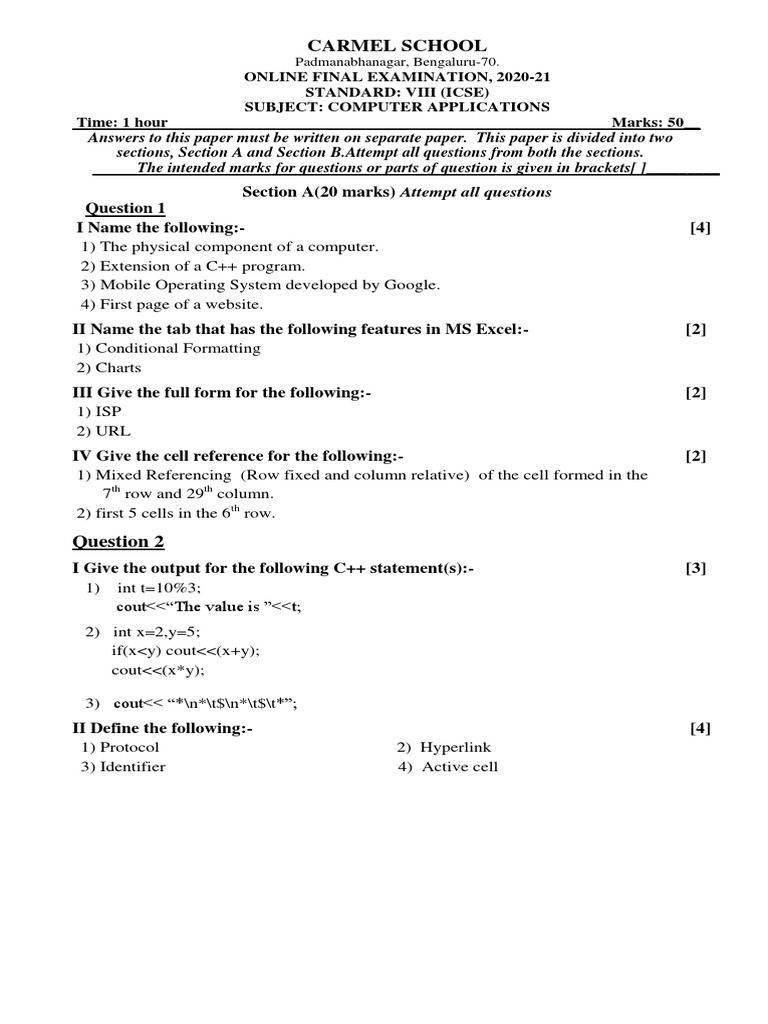 8 ICSE - Computer Application - Promotional Exam - 2021 | PDF ...
