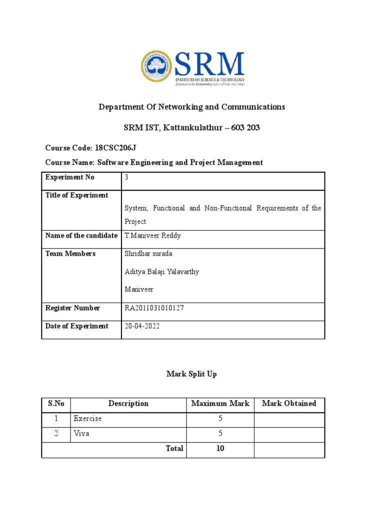 18CSC206J-SEPM - Ex-3 by 132 | PDF | System | Software