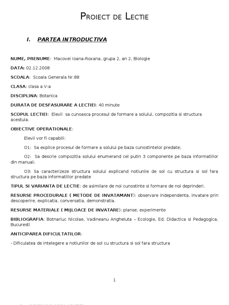 Proiect de Lectie Compozitia Si Structura Solului | PDF