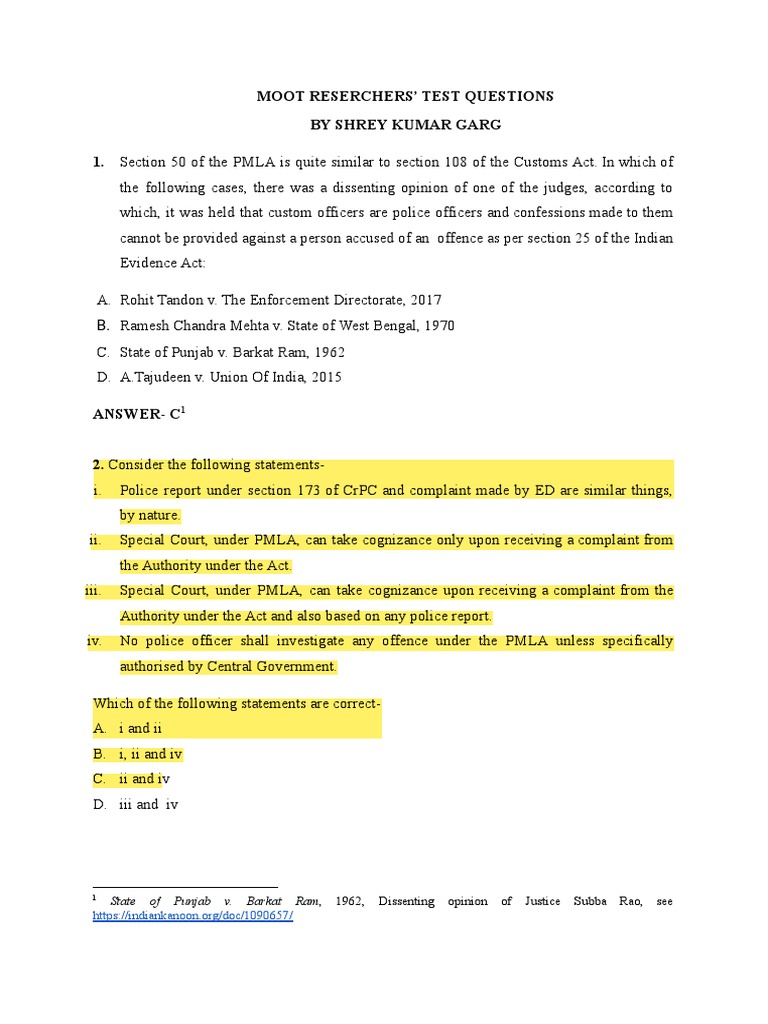 Moot Questions by Shrey Kumar Garg For JMI 2022 Moot (Researchers' Test ...