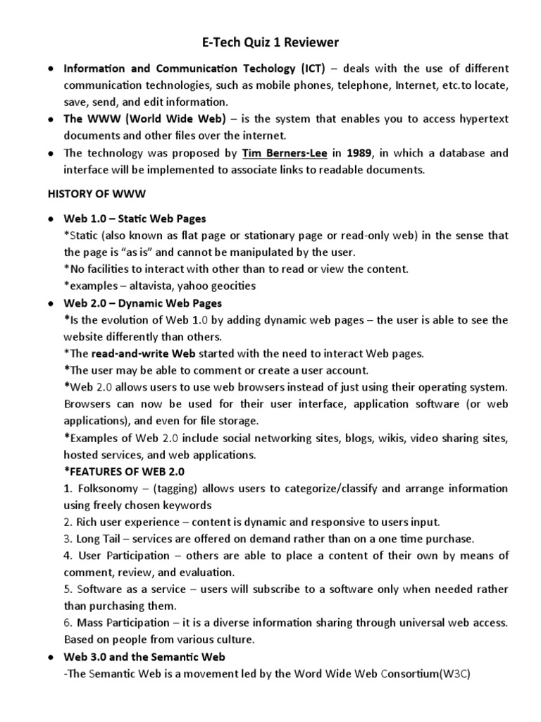 ETech Lesson 1 Quiz Reviewer | PDF | World Wide Web | Internet & Web
